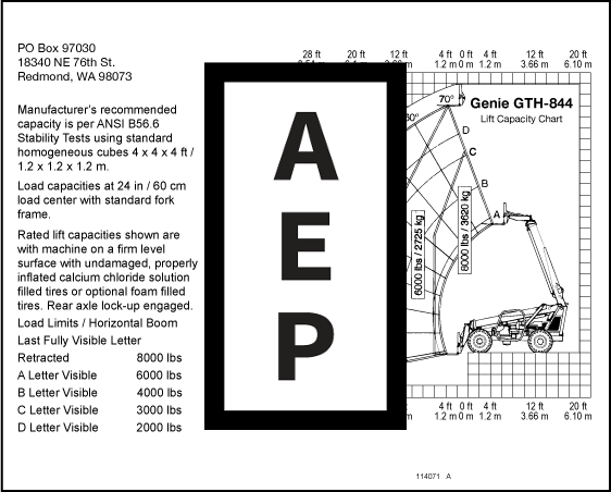 Genie 114071 Safety Label Load Chart-Gth-844 | Aerial Lift Decals