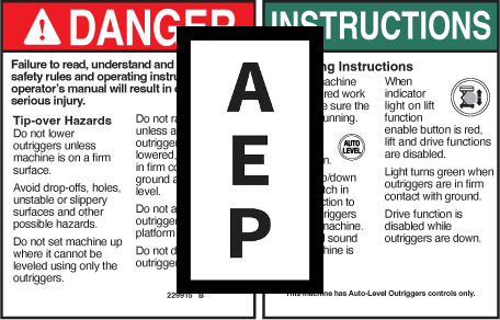 Genie 229915 Danger-Outrigger Safety | Aerial Lift Decals