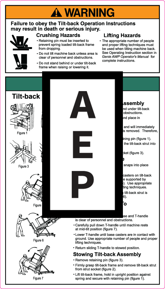 Genie 27838 Safety Label Tiltback Operation | Aerial Lift Decals