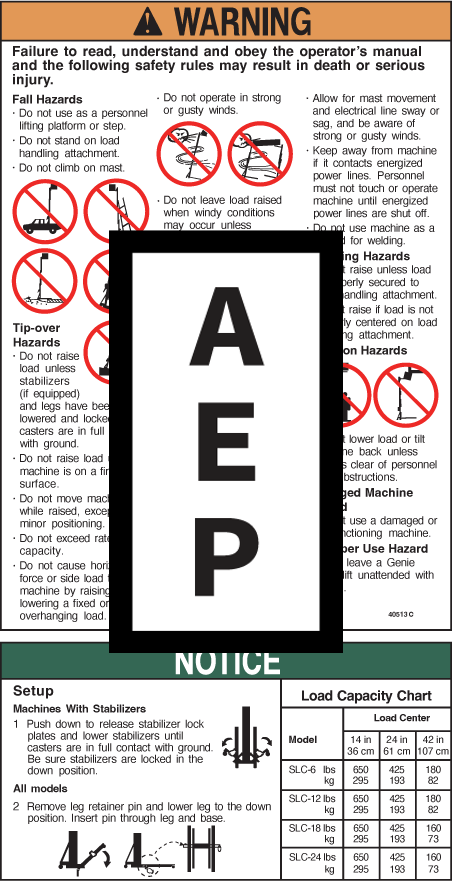 Genie 40513 Safety Label Warning/Safety-Slc | Aerial Lift Decals