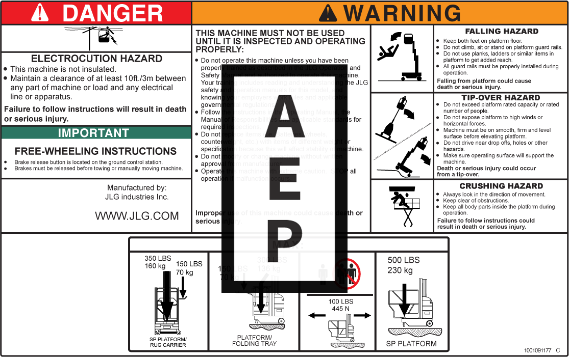 JLG 1001091177 Decal Warning Instruction | Aerial Safety Labels