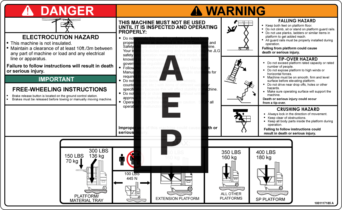 JLG 1001117185 Decal Warning Instruction Dom | Aerial Safety Labels
