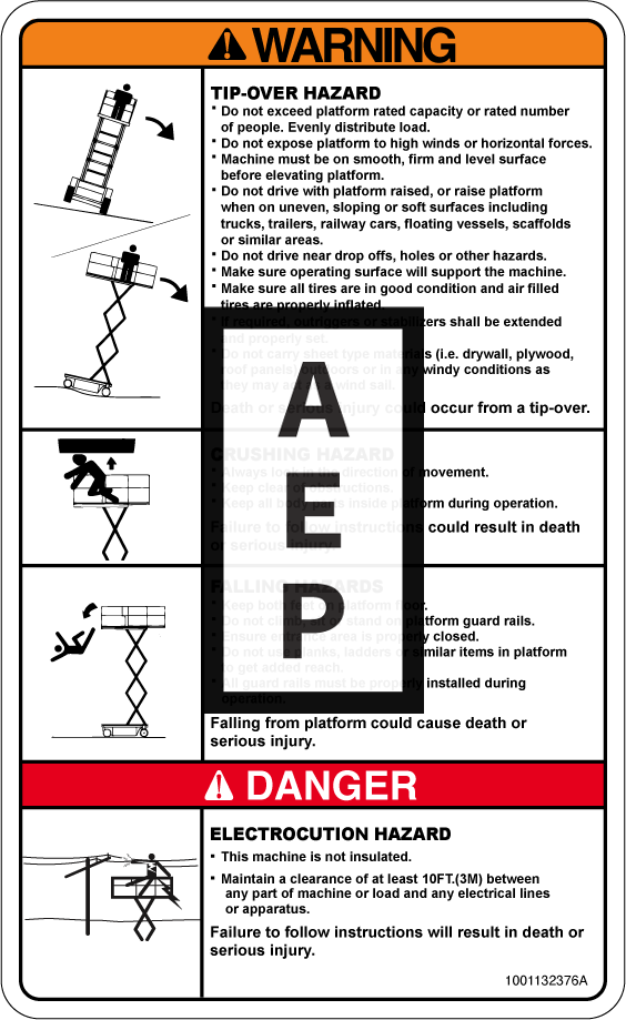 JLG 1001132376 Decal Danger Warning | Aerial Safety Labels