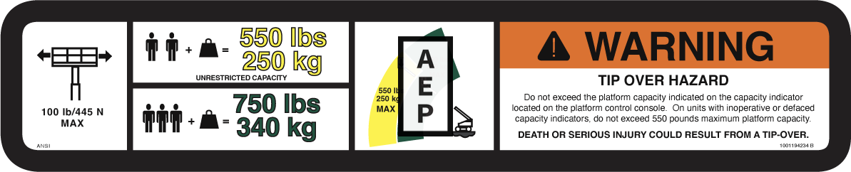 JLG 1001194234 Decal Warning Max Cap Ansi | Aerial Safety Labels