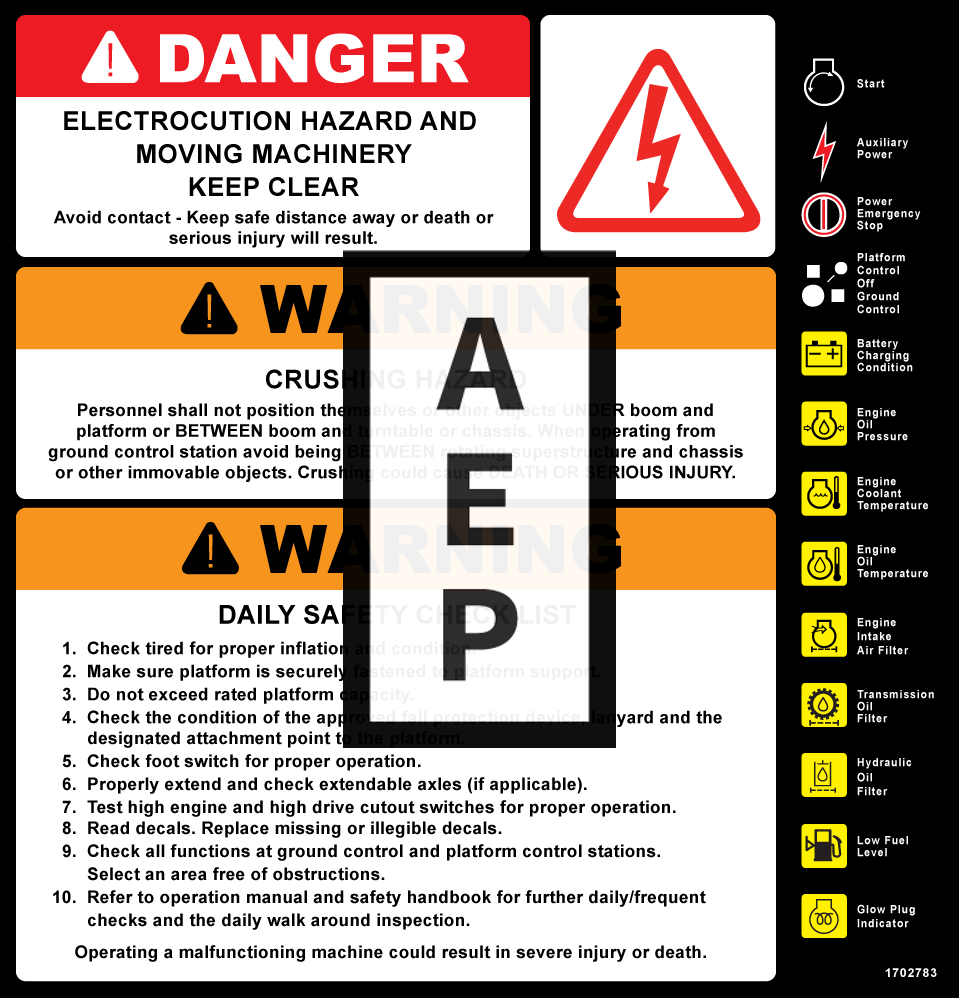 JLG 1702783 Decal Danger Warn | Aerial Safety Labels