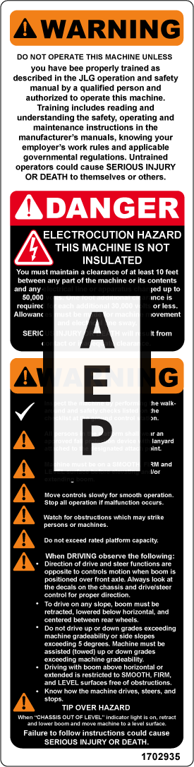 JLG 1702935 Decal Warn Danger | Aerial Safety Labels