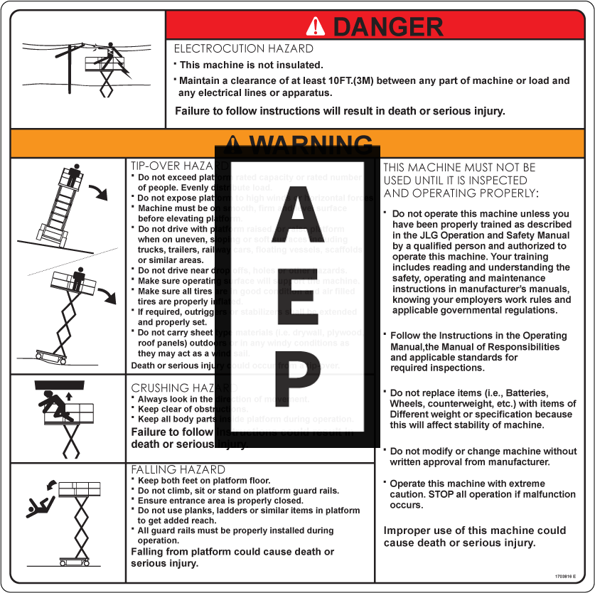 JLG 1703816 Decal Danger Warning | Aerial Safety Labels