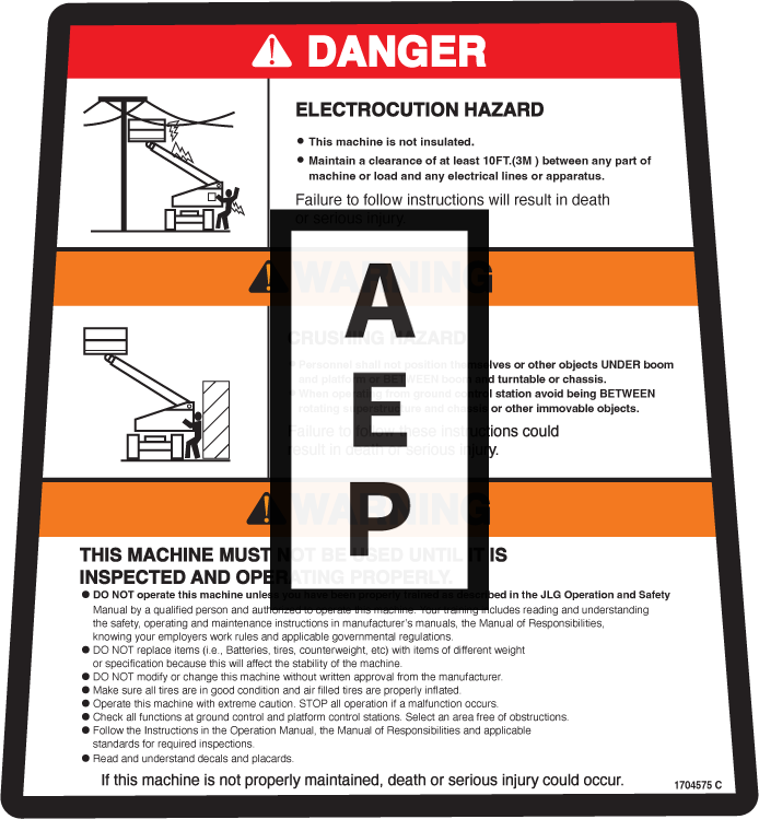 JLG 1704575 Decal Warning Danger Mtb | Aerial Safety Labels