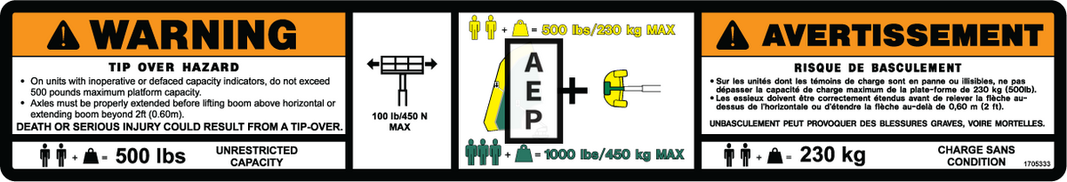 JLG 1705333 Decal Plf Capacity Eng Fre | Aerial Safety Labels