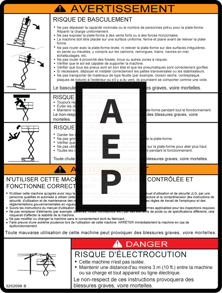 JLG 3252098 Decal Nameplate Danger Warning Csa | Aerial Safety Labels