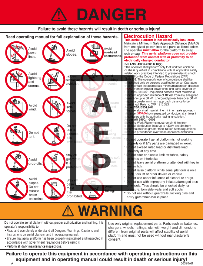 Skyjack 156320 Decal Danger Warning Info | Aerial Safety Labels