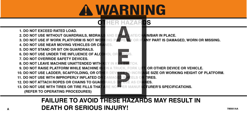 Skyjack 700551 Decal Warning Hazards | Aerial Safety Labels