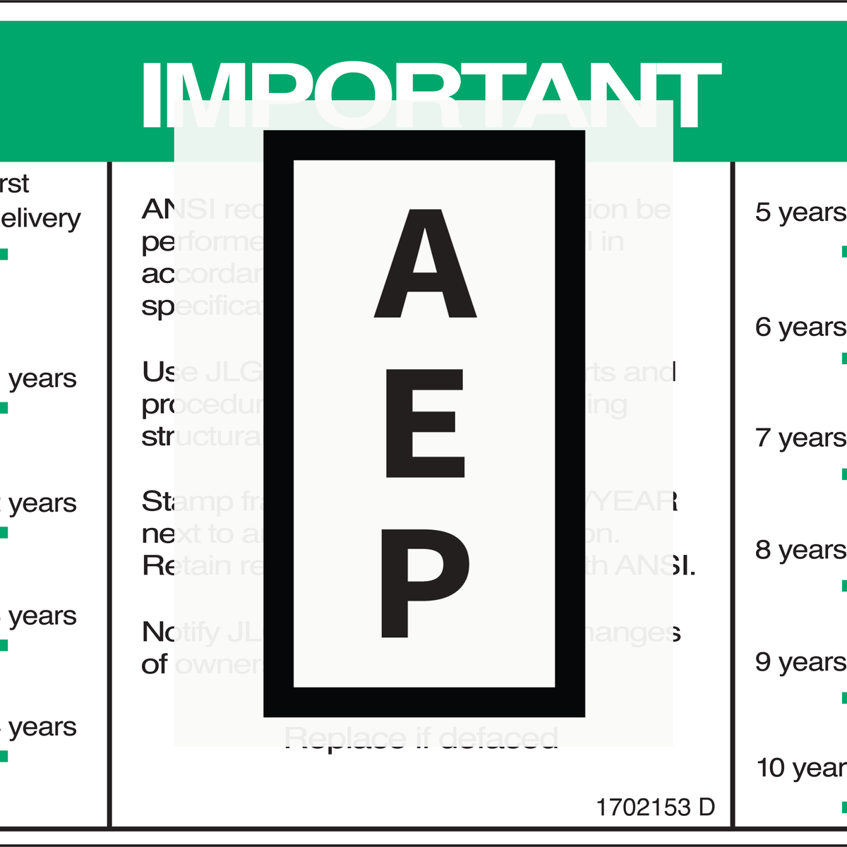 JLG Decal, Inspection 1702153 | Aerial Equipment Parts