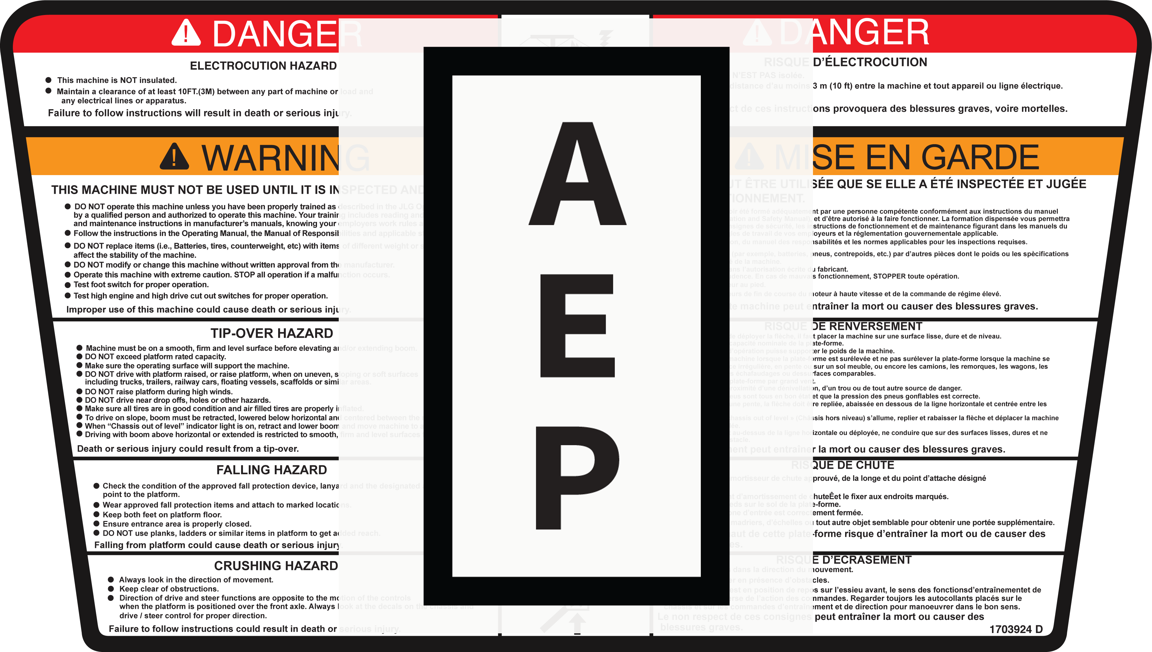 JLG 1703924 Canada Safety Label Decal | Aerial Equipment Parts