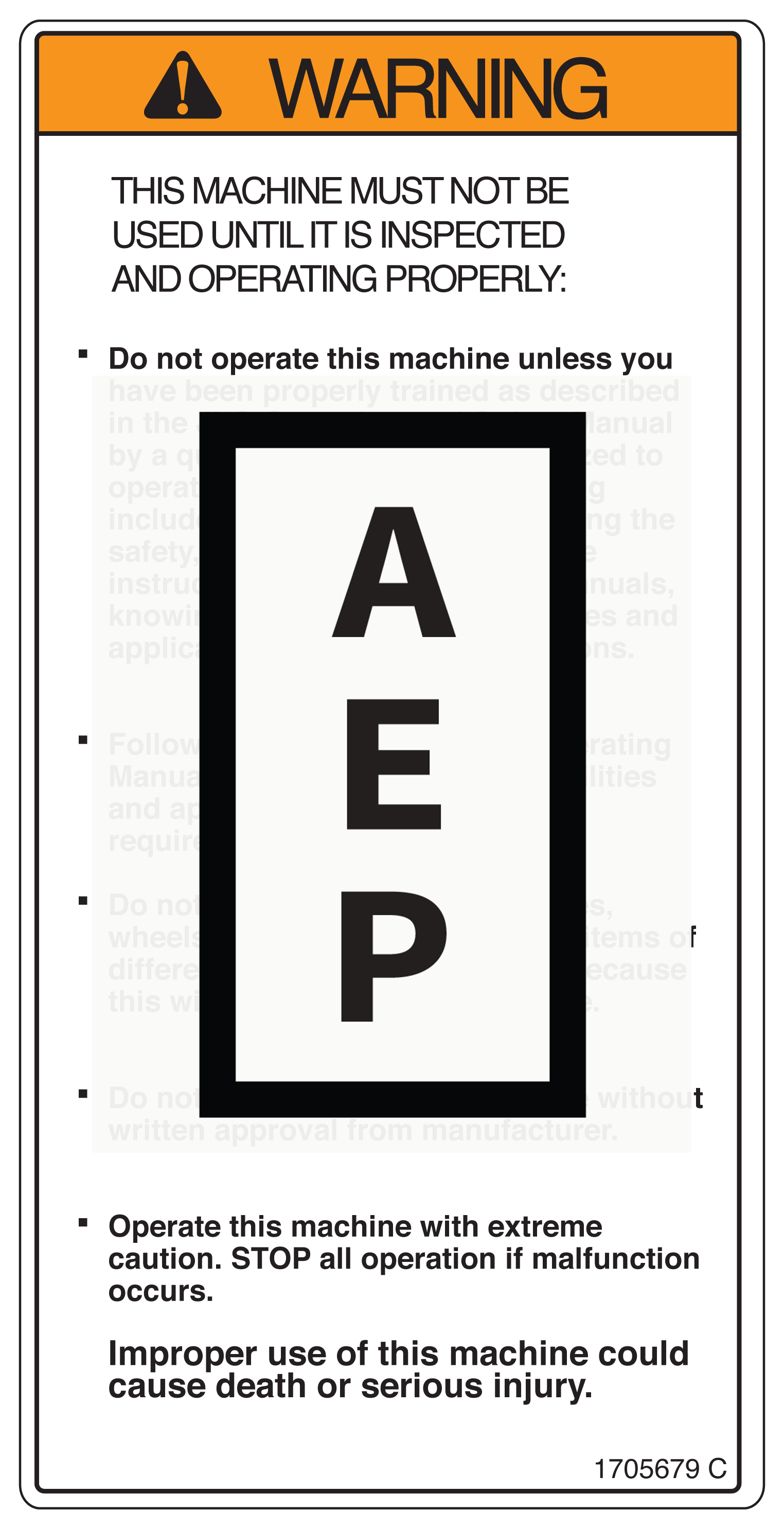 JLG Decal, Inspection Platform 1705679 | Aerial Equipment Parts