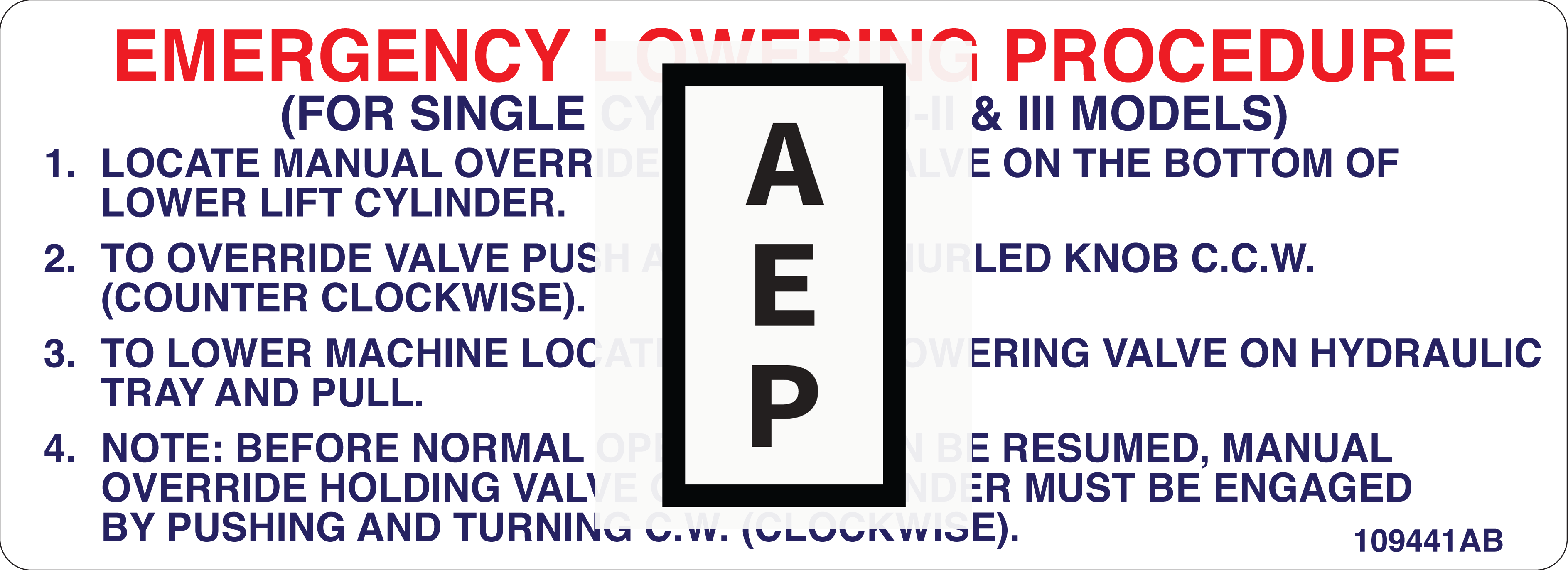 Skyjack Decal, Emergency Lowering 109441 | Aerial Equipment Parts